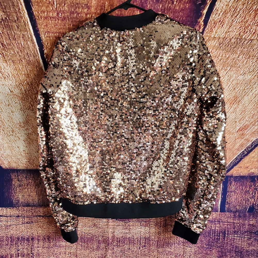Rose Gold Sequin Bomber Jacket By Project Runway - Gem